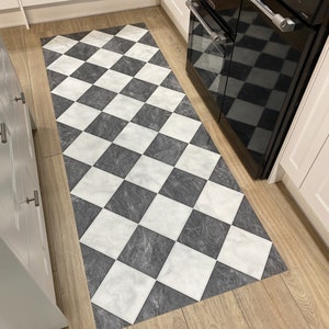 Checkerboard Vinyl Runner Rug in Black and White Marble Tile - Etsy