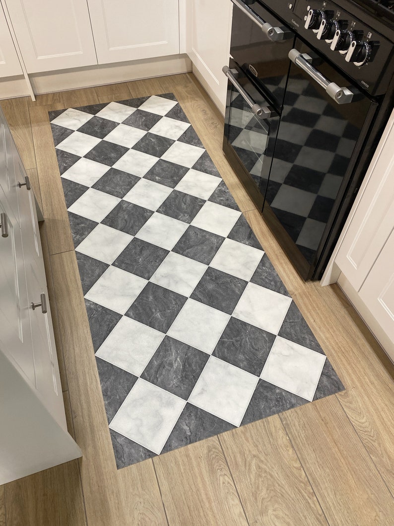 Checkerboard Vinyl Runner Rug in Black and White Marble Tile - Etsy