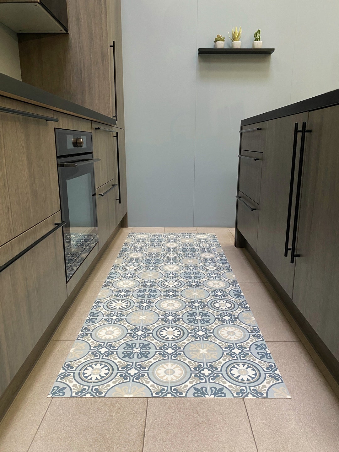 Spanish Tile Vinyl Runner Rug, Kitchen Floor Mat, Blue and Grey ...