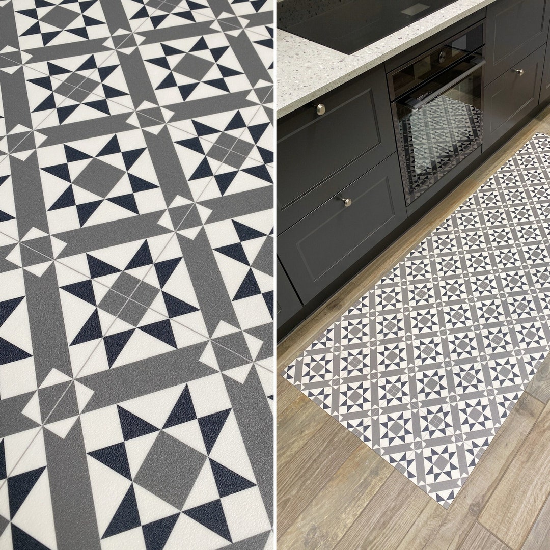 Vinyl Area Rug in Grey Geometric Pattern, Decorative Linoleum Mat, PVC ...