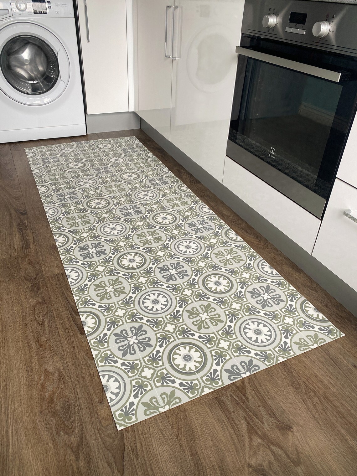 Vinyl Floor Mat in Spanish Tile Design, Kitchen Runner Rug, Green ...