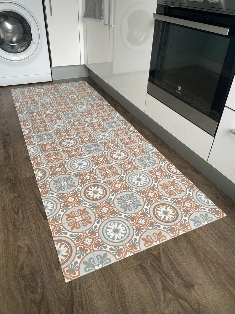 Kitchen Runner Rug in Terracotta Spanish Tile Pattern, Linoleum Vinyl ...