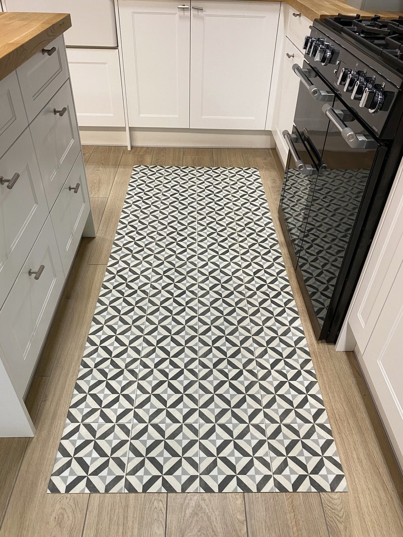 Vinyl Kitchen Runner Floor Mat in Grey Geometric Mosaic Tile Design ...