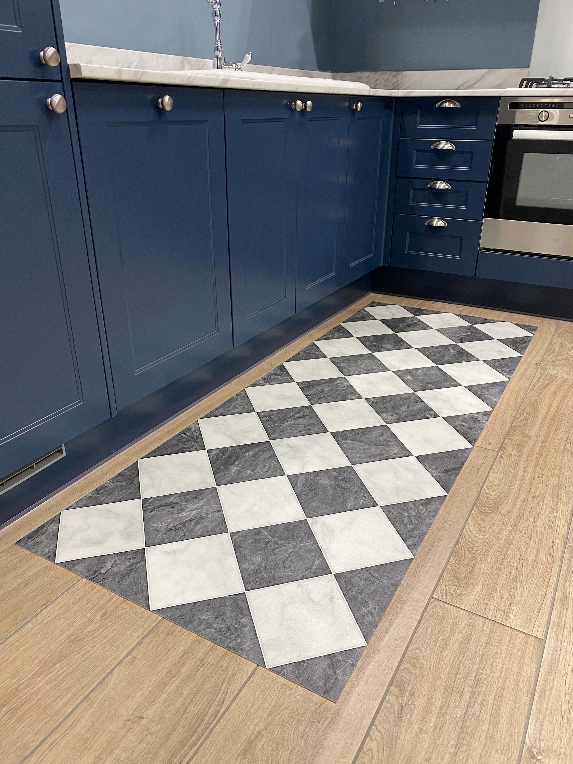Checkerboard Vinyl Runner Rug in Black and White Marble Tile - Etsy