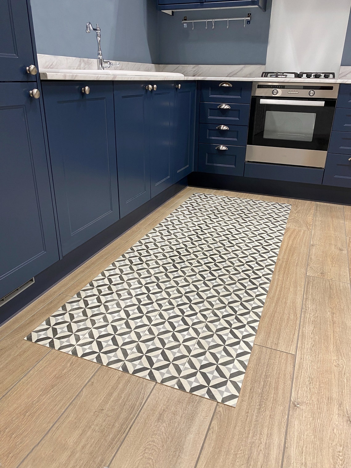 Vinyl Kitchen Runner Floor Mat in Grey Geometric Mosaic Tile Design ...