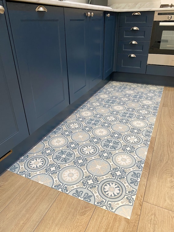 Kitchen Vinyl Floor Mat in Mediterranean Tile Pattern Linoleum Runner Rug Blue PVC Flooring Mat Large Bathroom Lino Mat Madrid Etsy