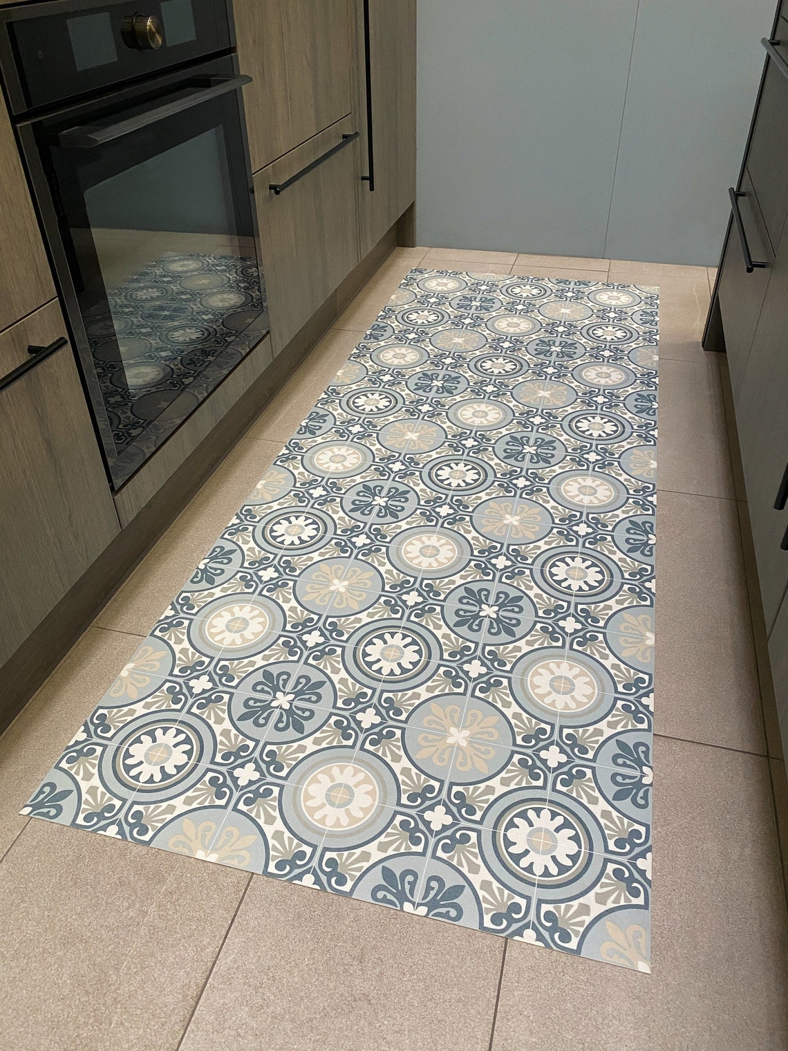Spanish Tile Vinyl Runner Rug Kitchen Floor Mat Blue and - Etsy