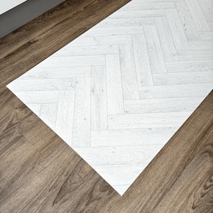 Vinyl Runner Rug in White Herringbone Pattern, PVC Vinyl Floor Mat in ...