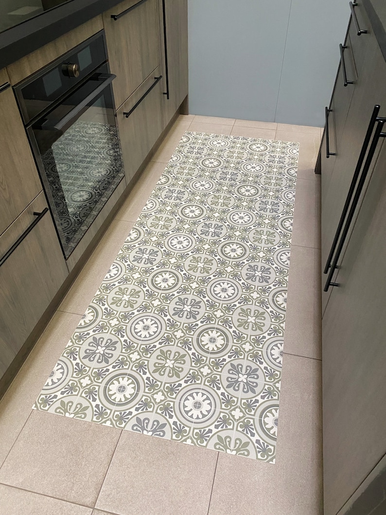 Vinyl Floor Mat in Spanish Tile Design, Kitchen Runner Rug, Green ...