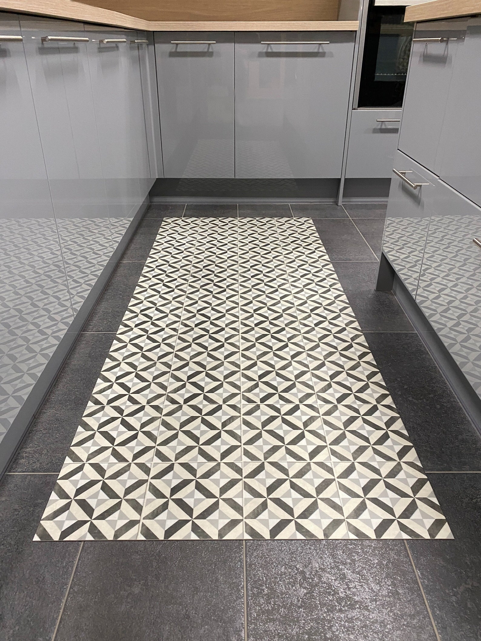 Vinyl Kitchen Runner Floor Mat in Grey Geometric Mosaic Tile Design ...