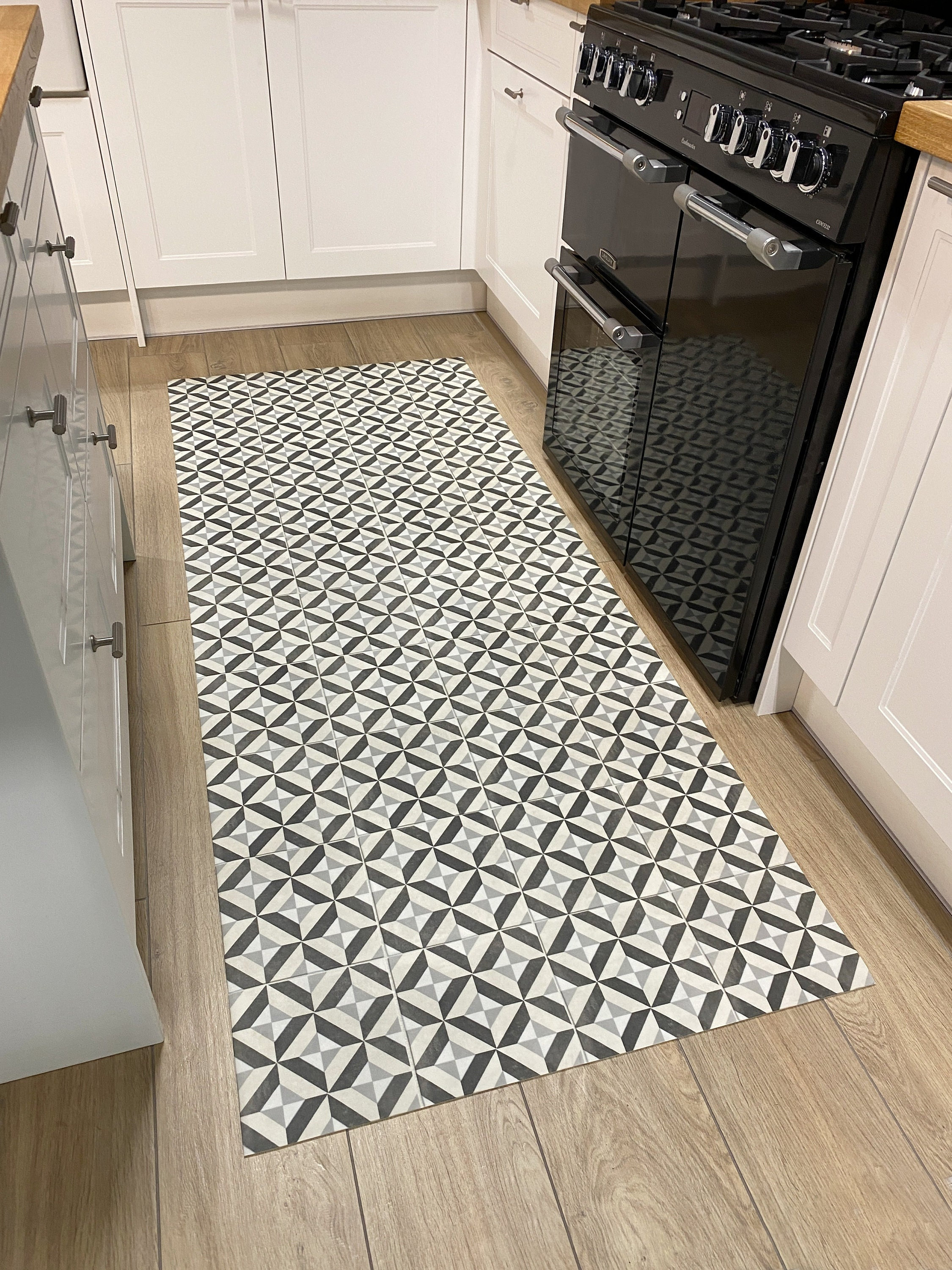 Vinyl Kitchen Runner Floor Mat in Grey Geometric Mosaic Tile Design ...