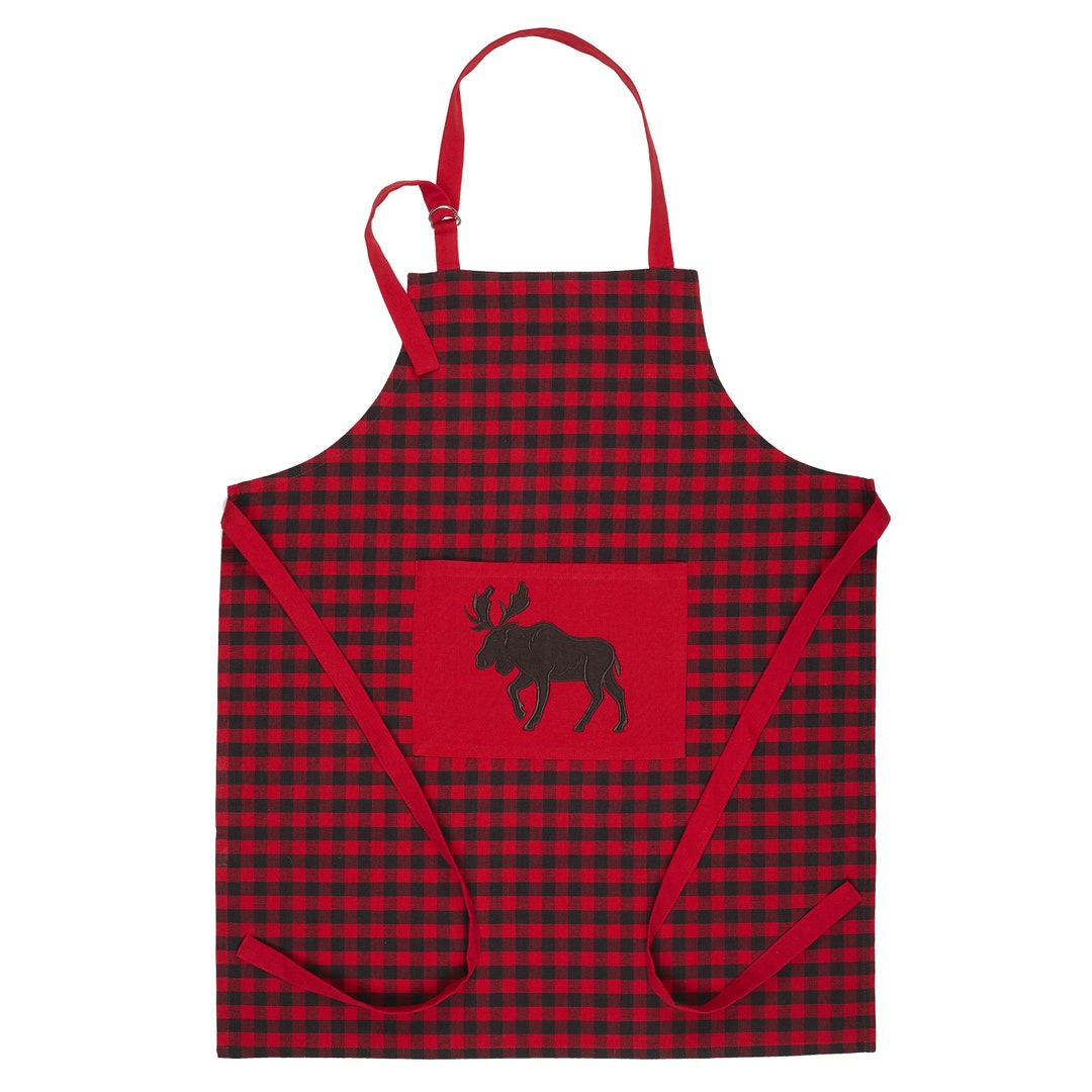 Accented Apron in Buffalo Plaid Red With Moose Embroidery - Etsy