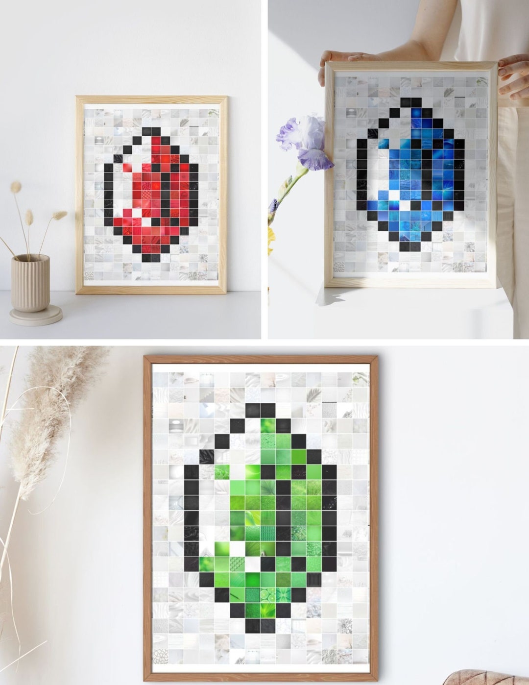 Set of 3 Zelda Inspired Rupee Pixel Photo Collage Wall Art Poster Print ...