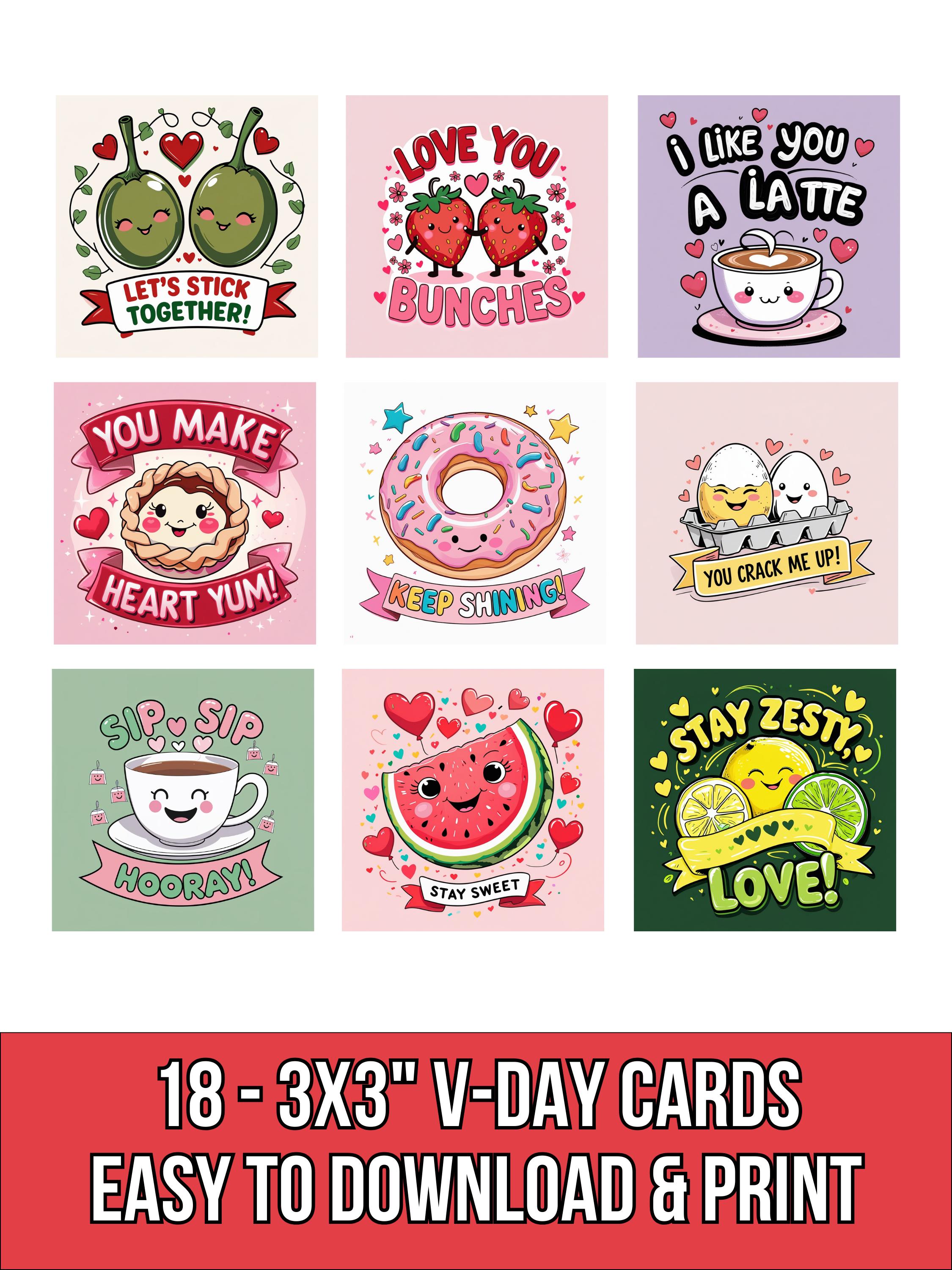 Cute Food Pun Cards for Kids, Classroom Printable Valentine Cards ...