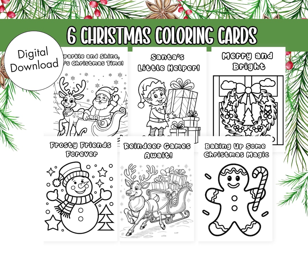 Christmas Coloring Cards, Set of 6 Holiday Coloring Cards for Kids, DIY ...