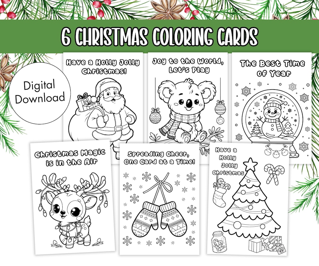 Christmas Coloring Cards, Set of 6 Holiday Coloring Cards for Kids, DIY ...