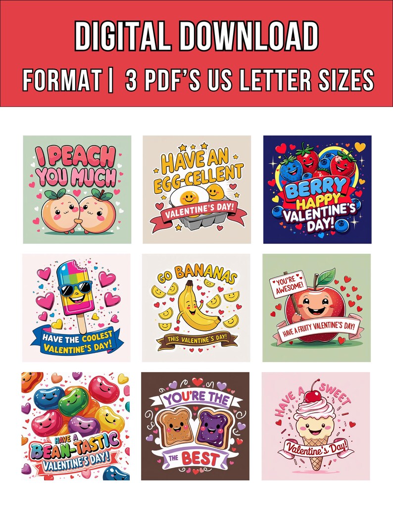 Cute Food Pun Cards for Kids, Classroom Printable Valentine Cards ...