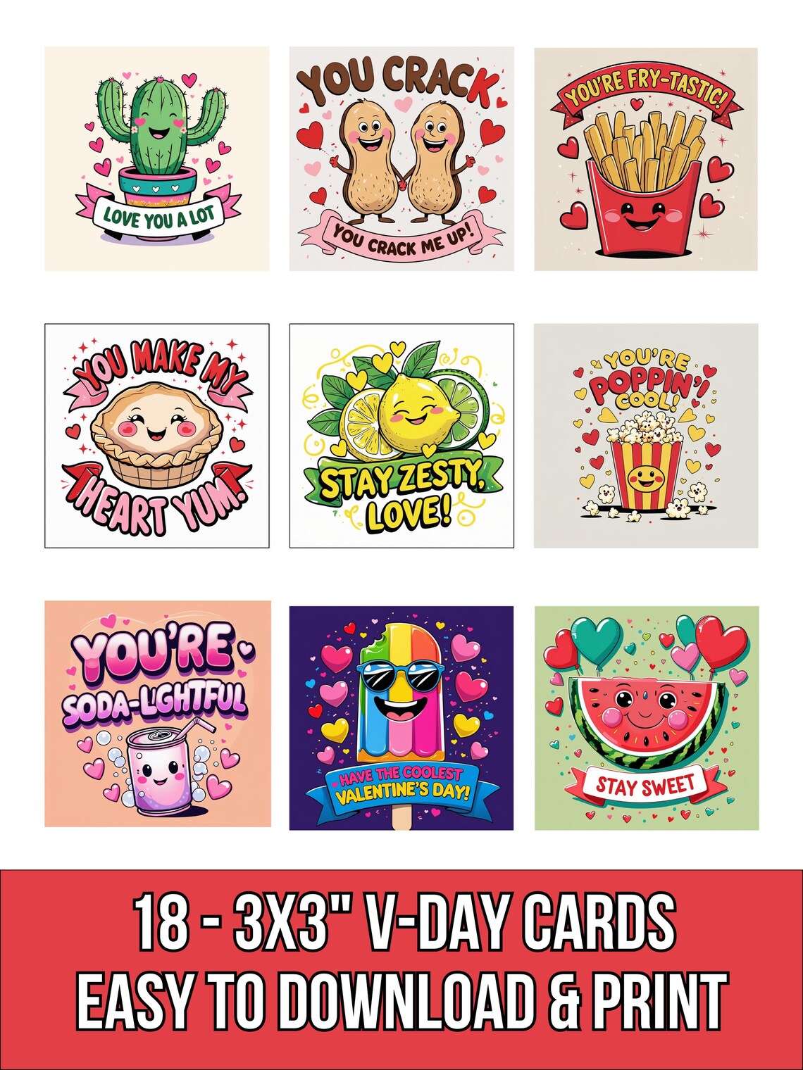 Printable Food-themed Valentine's Cards, Funny Pun Cards for Kids ...