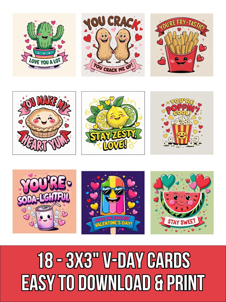Printable Food-themed Valentine's Cards, Funny Pun Cards for Kids ...