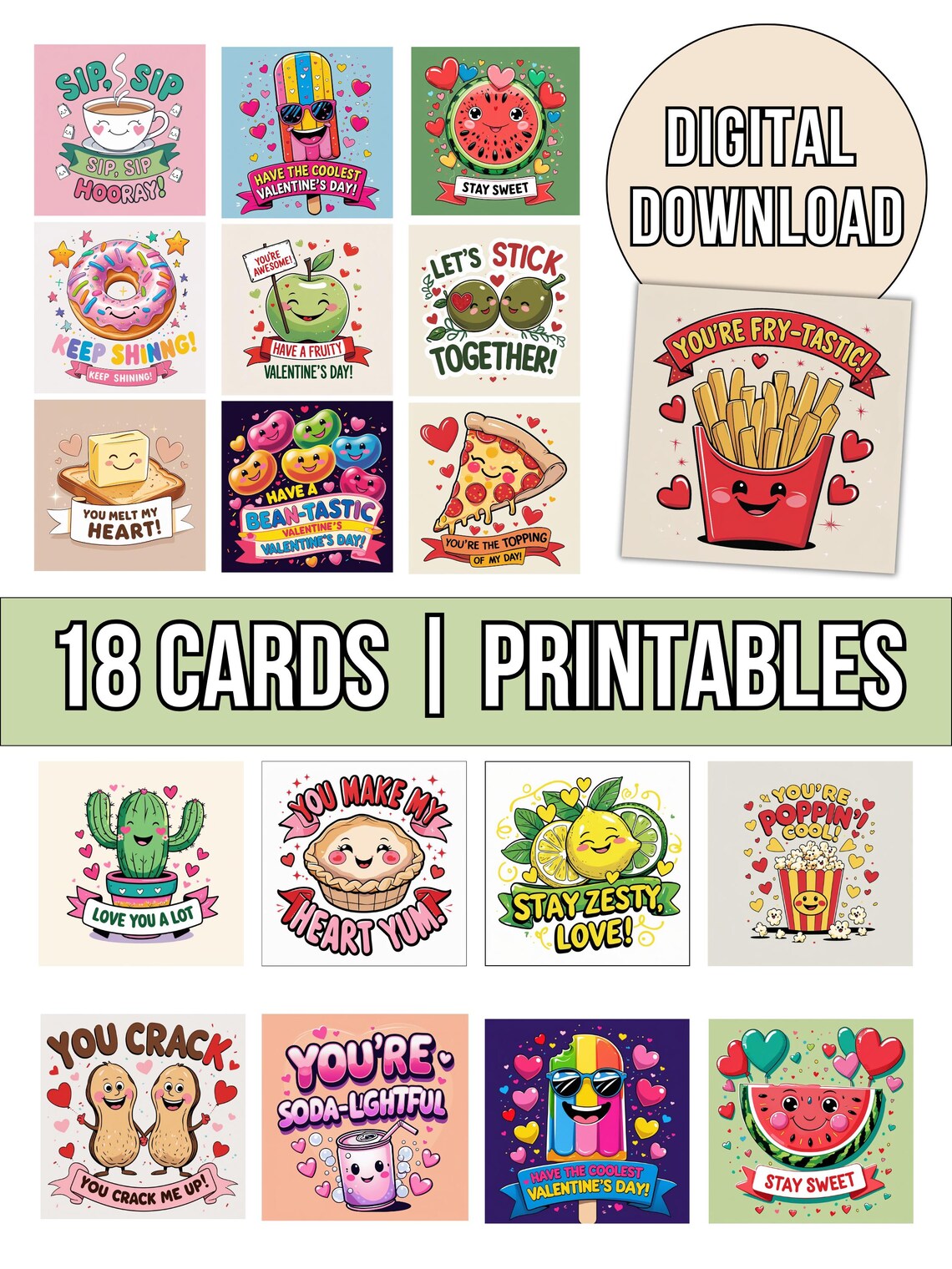 Printable Food-themed Valentine's Cards, Funny Pun Cards for Kids ...