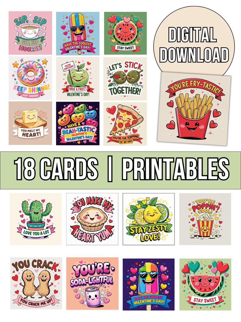 Printable Food-themed Valentine's Cards, Funny Pun Cards for Kids ...