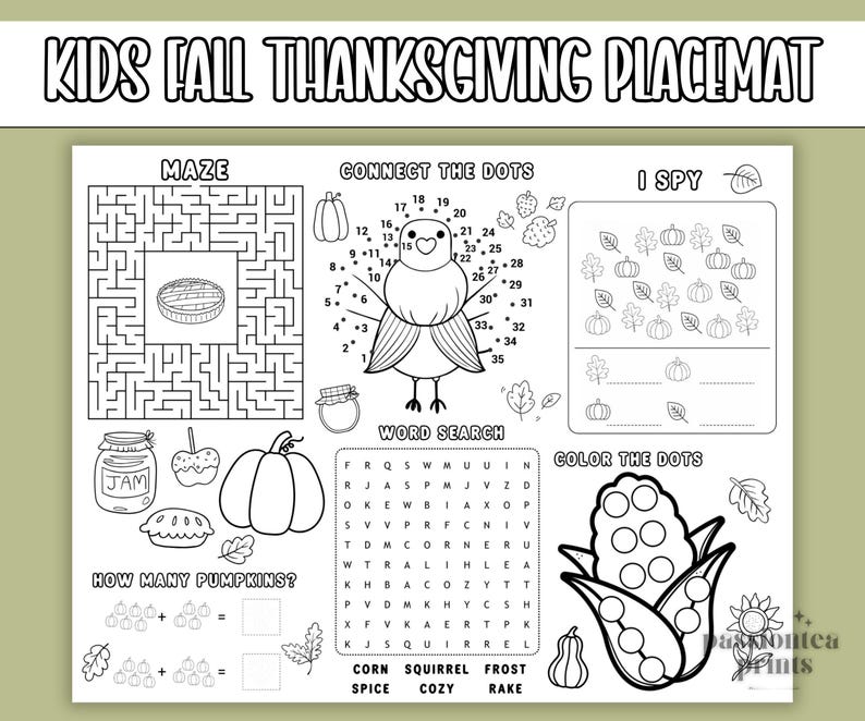 Thanksgiving Placemat Printable, Coloring Page, Fall Kids Activity ...