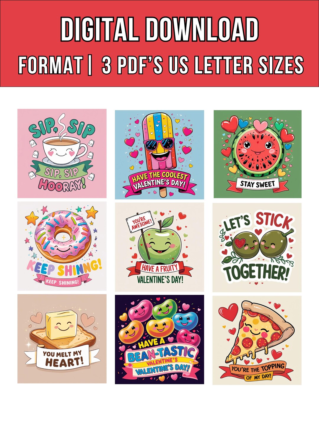 Printable Food-themed Valentine's Cards, Funny Pun Cards for Kids ...