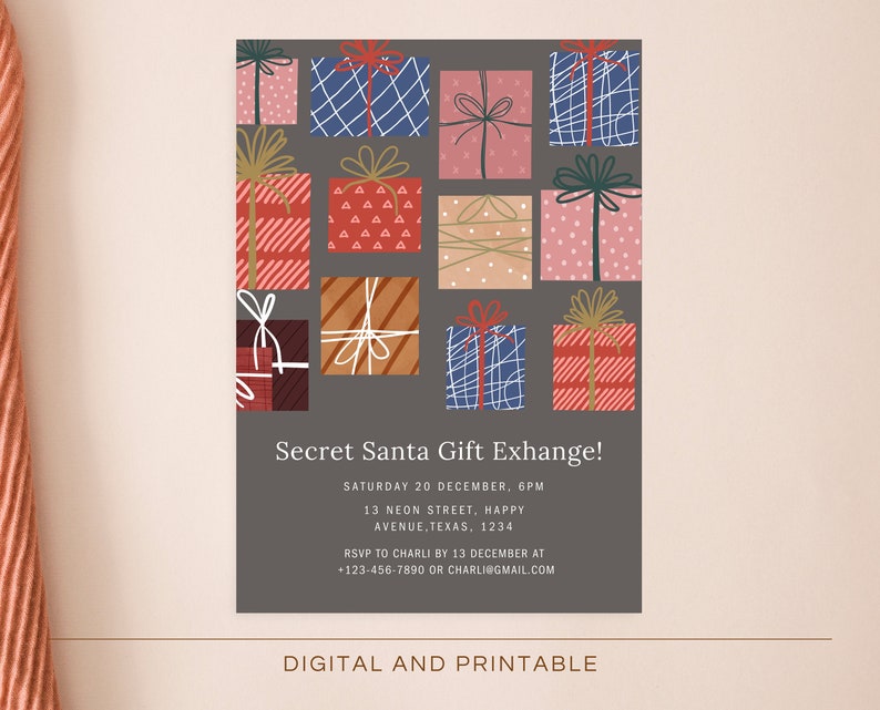 Editable Secret Santa Christmas Party Invitation Template, Secret Santa ...