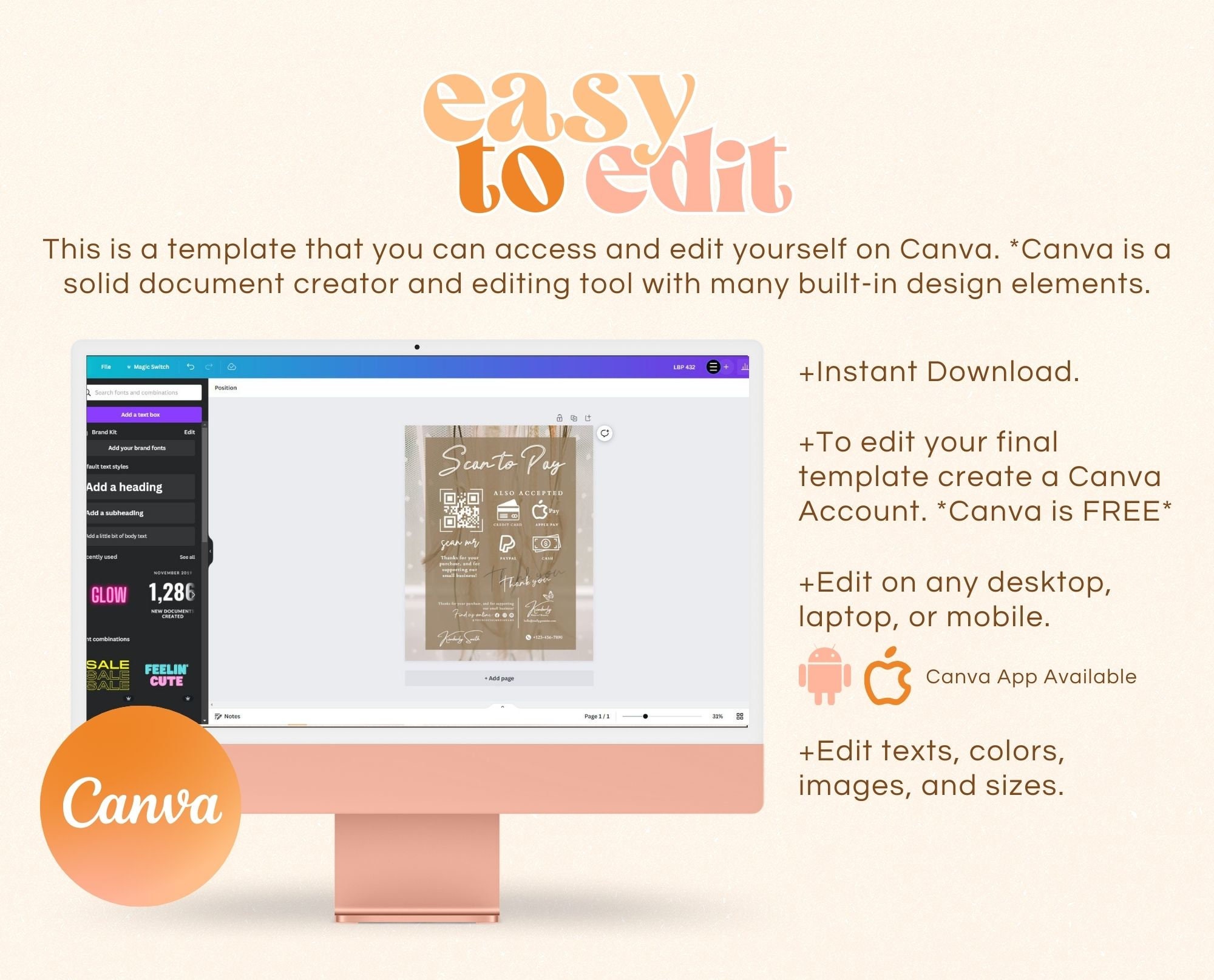 Editable Scan to Pay Template, Boho Payment Sign, QR Payment Sign ...