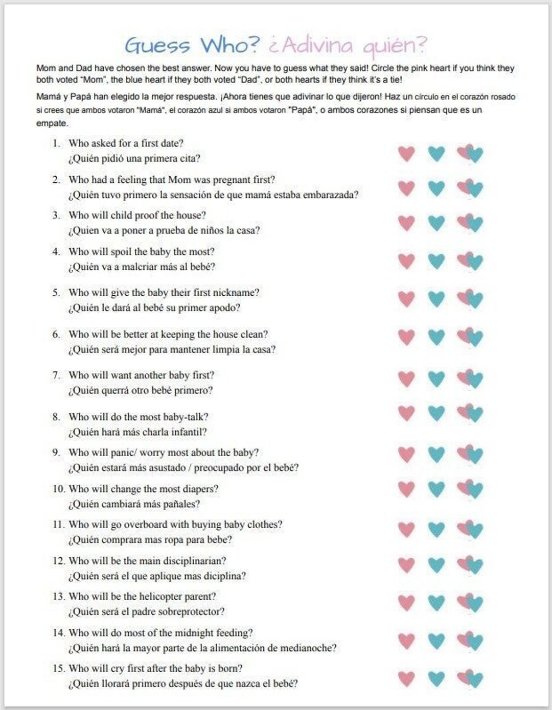 Guess Who Baby Shower Game | Bilingual Pink & Blue (printable PDF) - Etsy