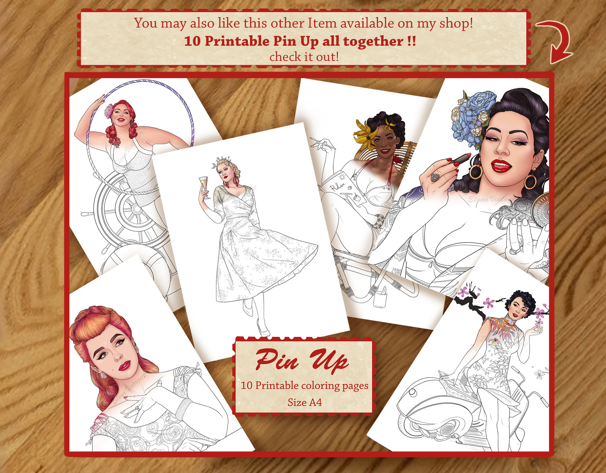Adult Coloring Page Pin Up Printable Instant Download Pdf Coloring Page Pin Up Coloring Page