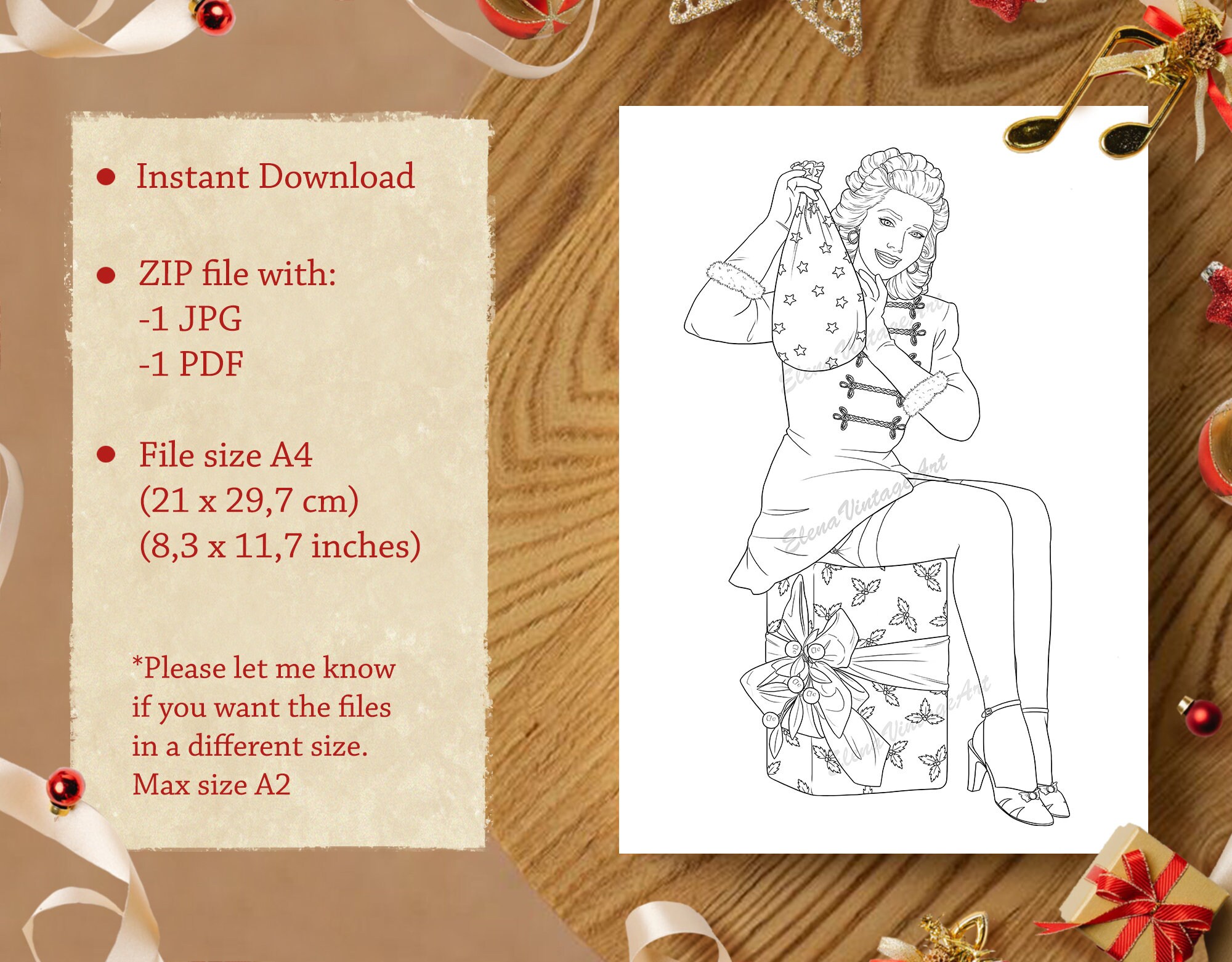 Pin up Christmas Coloring Page | Vintage Adult Coloring Card | Pin up ...