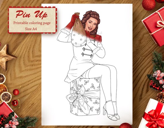 Pin up Christmas Coloring Page Vintage Adult Coloring Card | Etsy