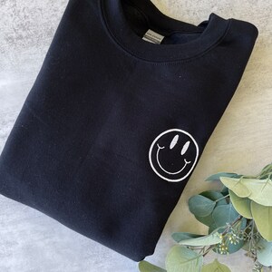 Embroidered Smiley Sweatshirt, Smiley Crewneck, Black Sweatshirt ...
