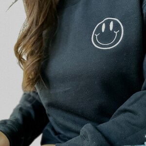 Embroidered Smiley Sweatshirt, Smiley Crewneck, Black Sweatshirt ...