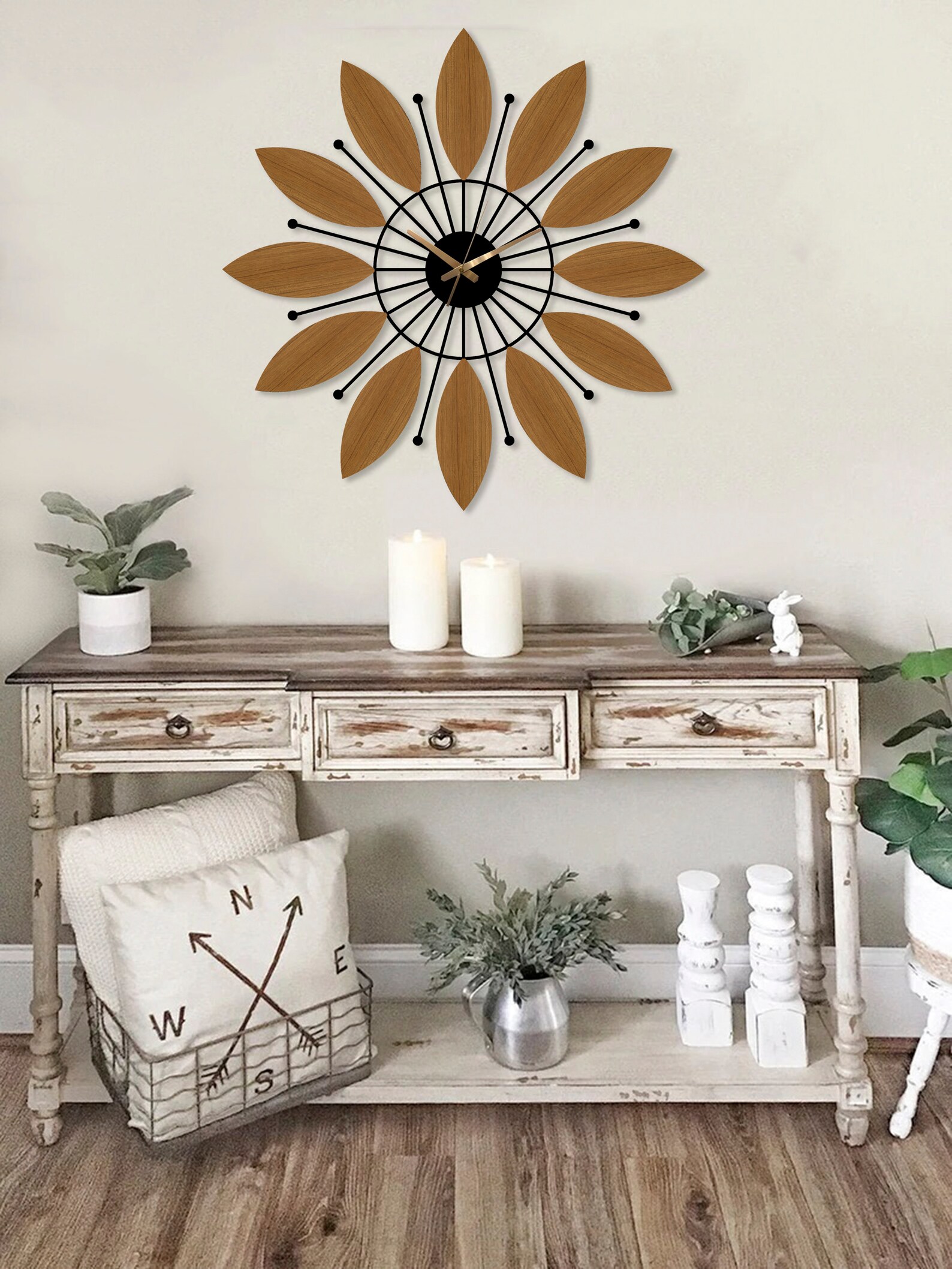 Sunburst Wall Clock Wood Mid Century Modern Wall Clock Large | Etsy