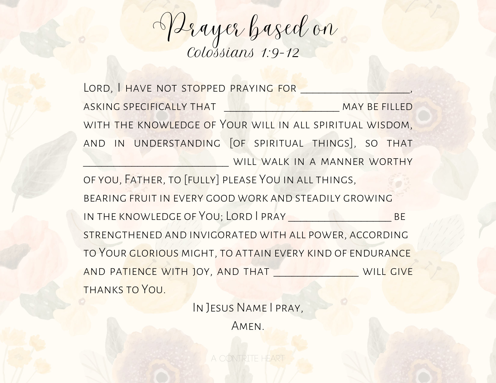 Printable Prayer Card Scripture Based Colossians 1:9-12 - Etsy