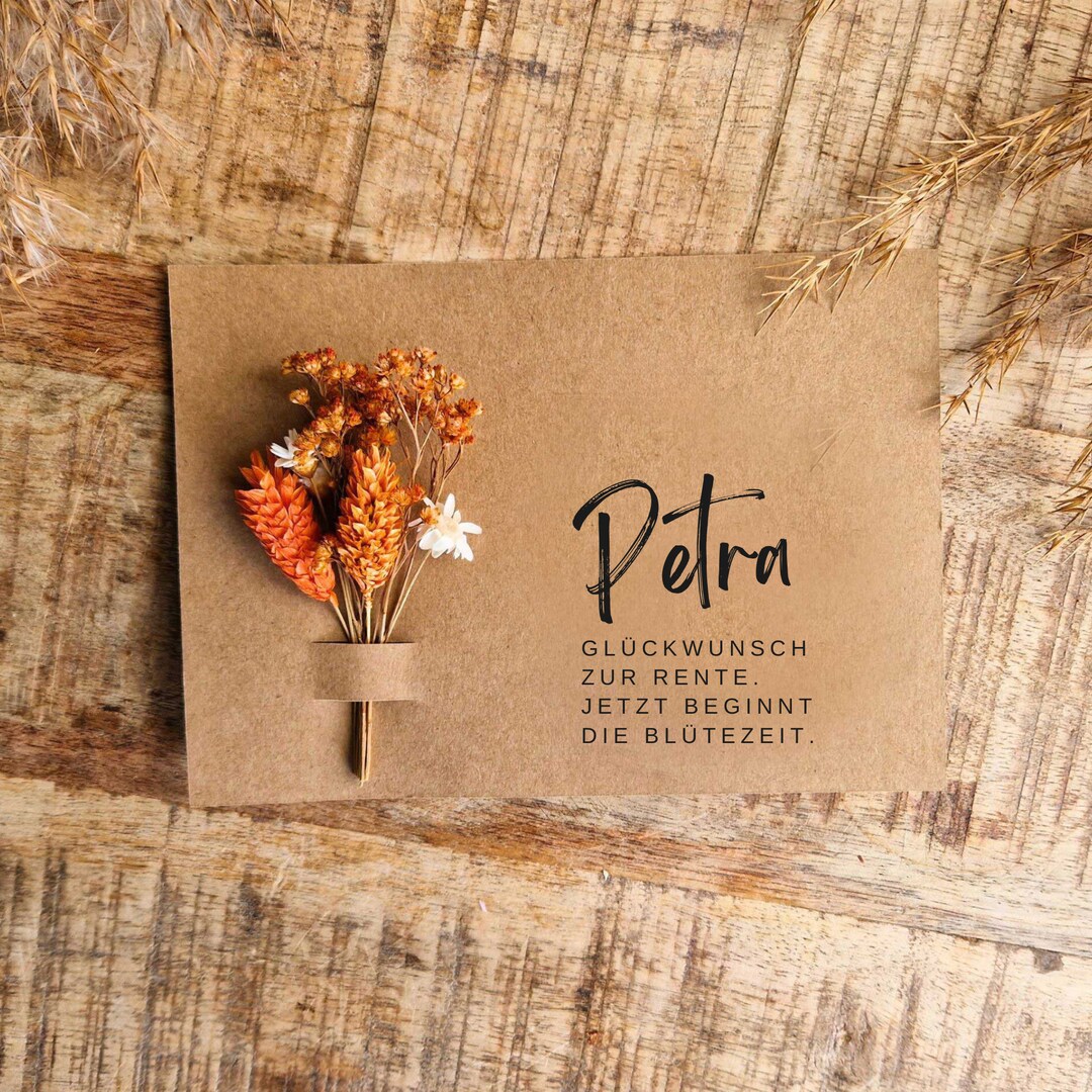 Karte zur Rente, mit Trockenblumen, Kraftpapier Klappkarte zum Abschied ...