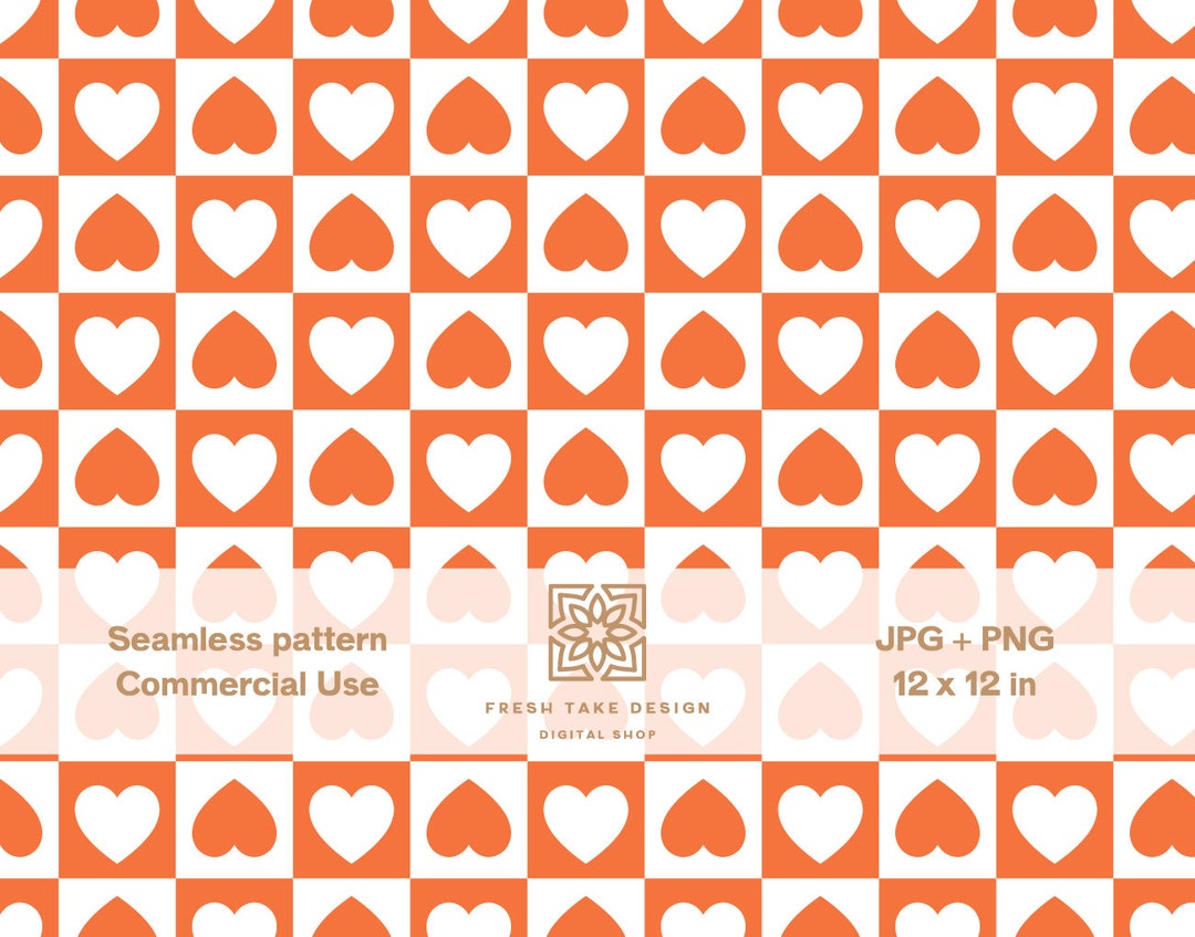 Orange Checkerboard Hearts Seamless Pattern, Retro Nursery Paper ...
