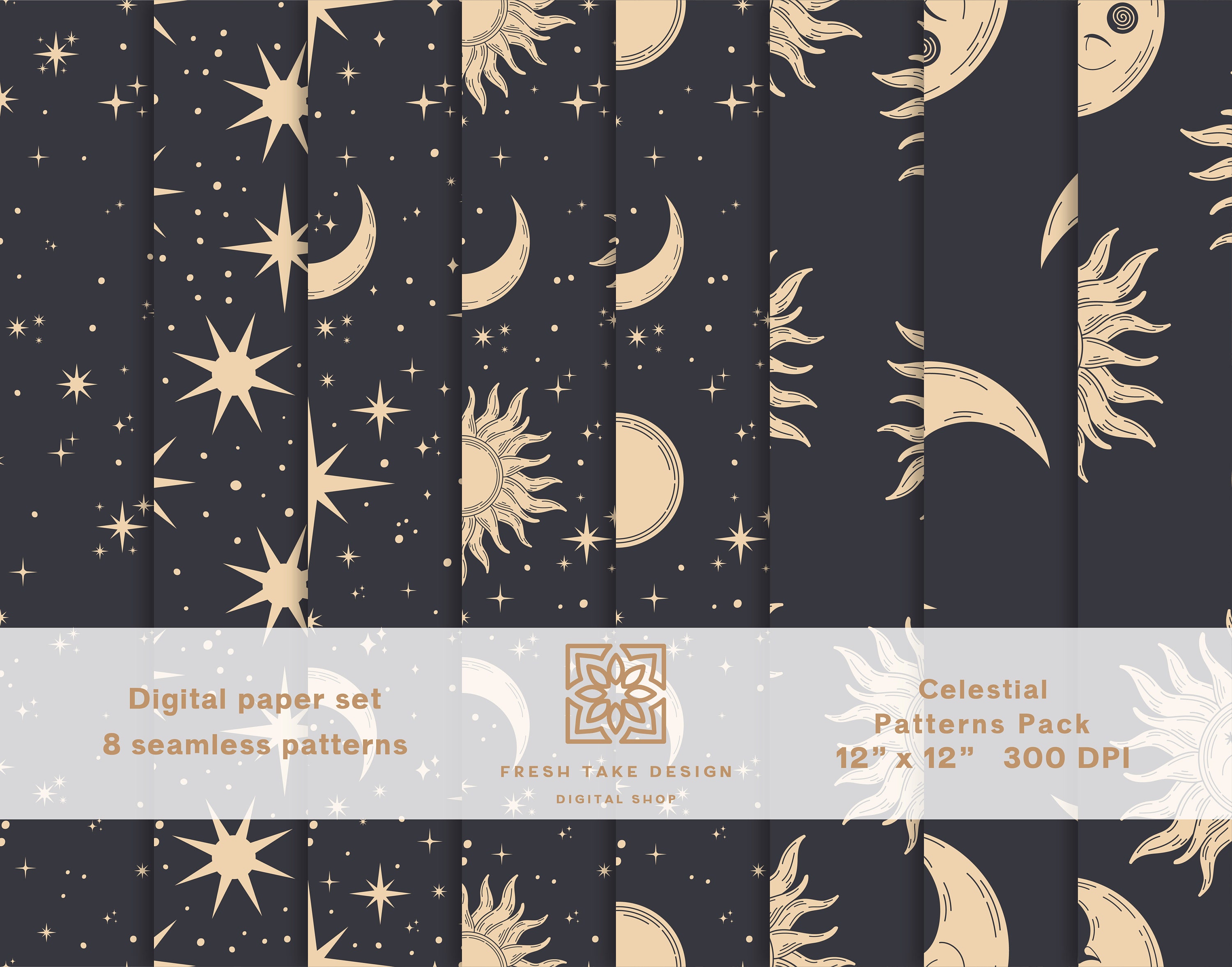 Celestial Seamless Patterns Pack Nursery Digital Paper Commercial Use ...