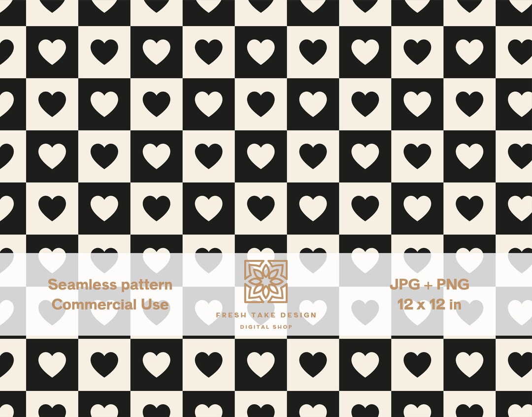 Black Checkerboard Hearts Seamless Pattern, Retro Digital Paper (JPG ...