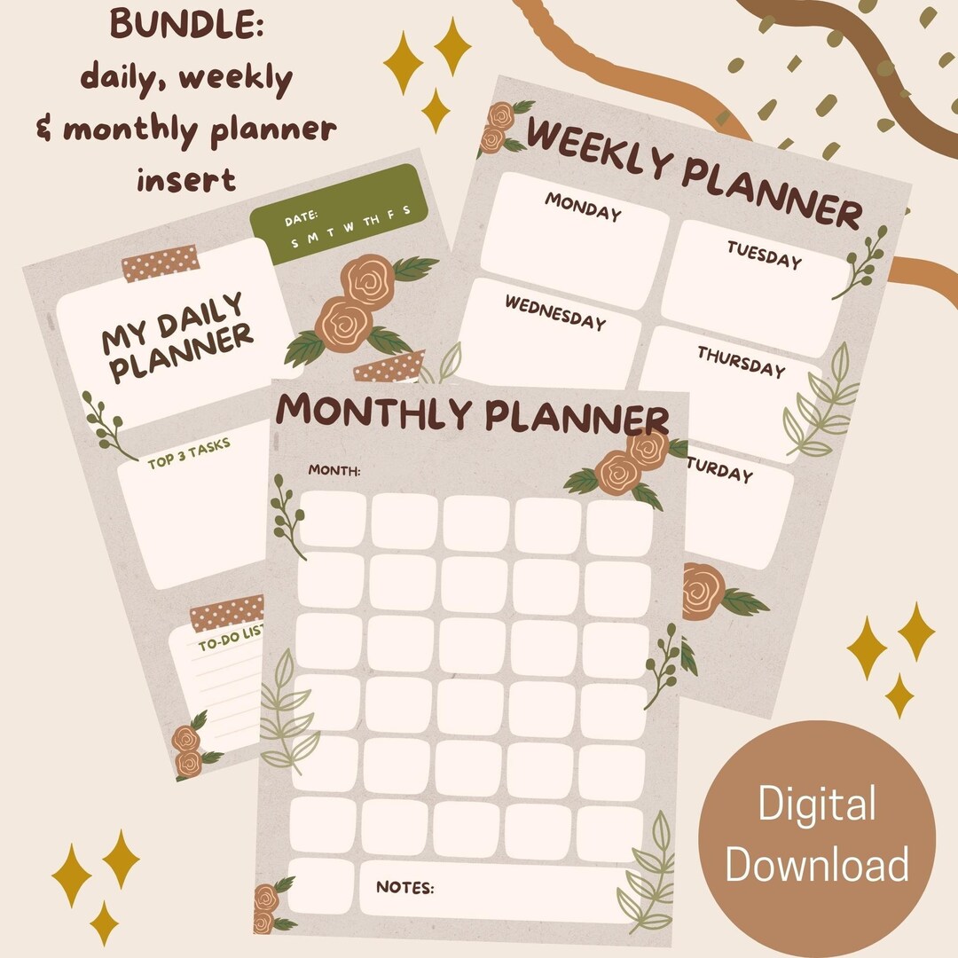 BUNDLE Daily, Weekly & Monthly Printable Planner Planner Insert Digital ...