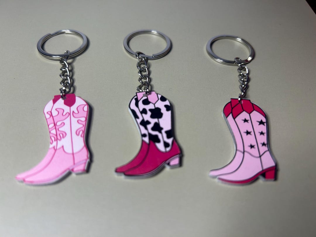 Pink Cowboy Boot Keyring Pink Cowgirl Boot Keychain Cow Print Cowboy ...