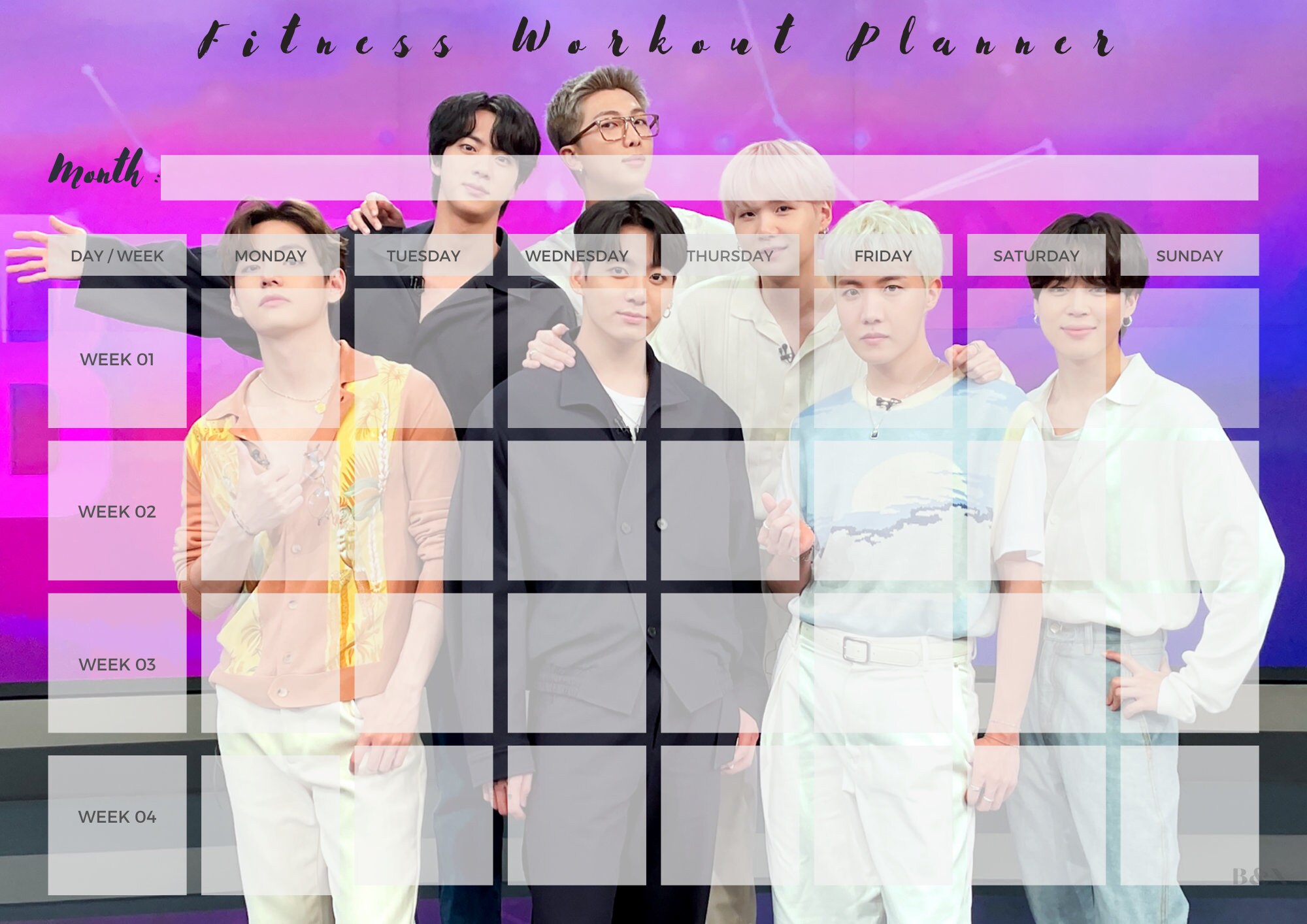 BTS Fitness Workout Planner. Downloadable Print. Gift for Kpop Fan. - Etsy