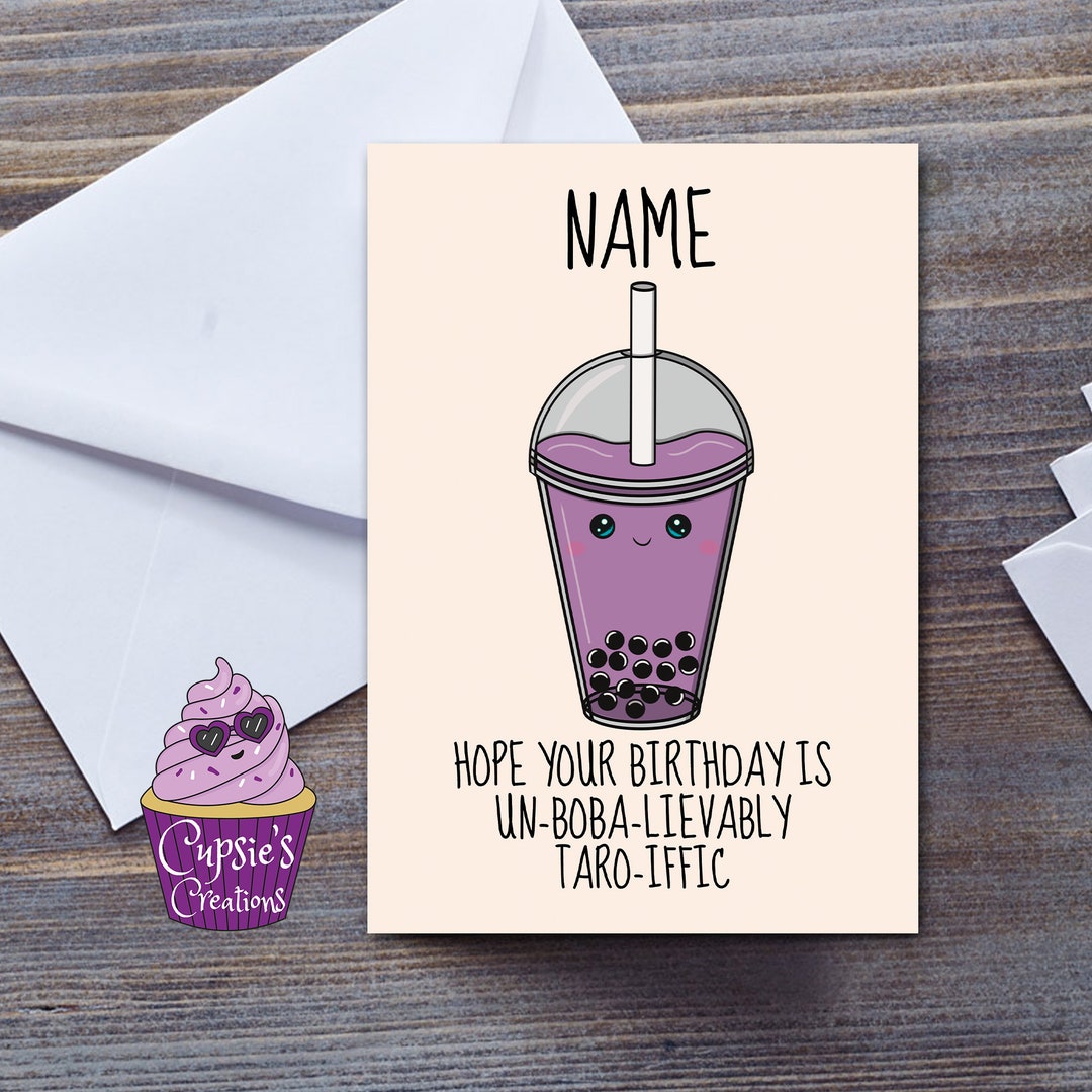 Cute Birthday Card for A Friend, Taro Boba Bubble Tea, Kawaii Milk Tea ...