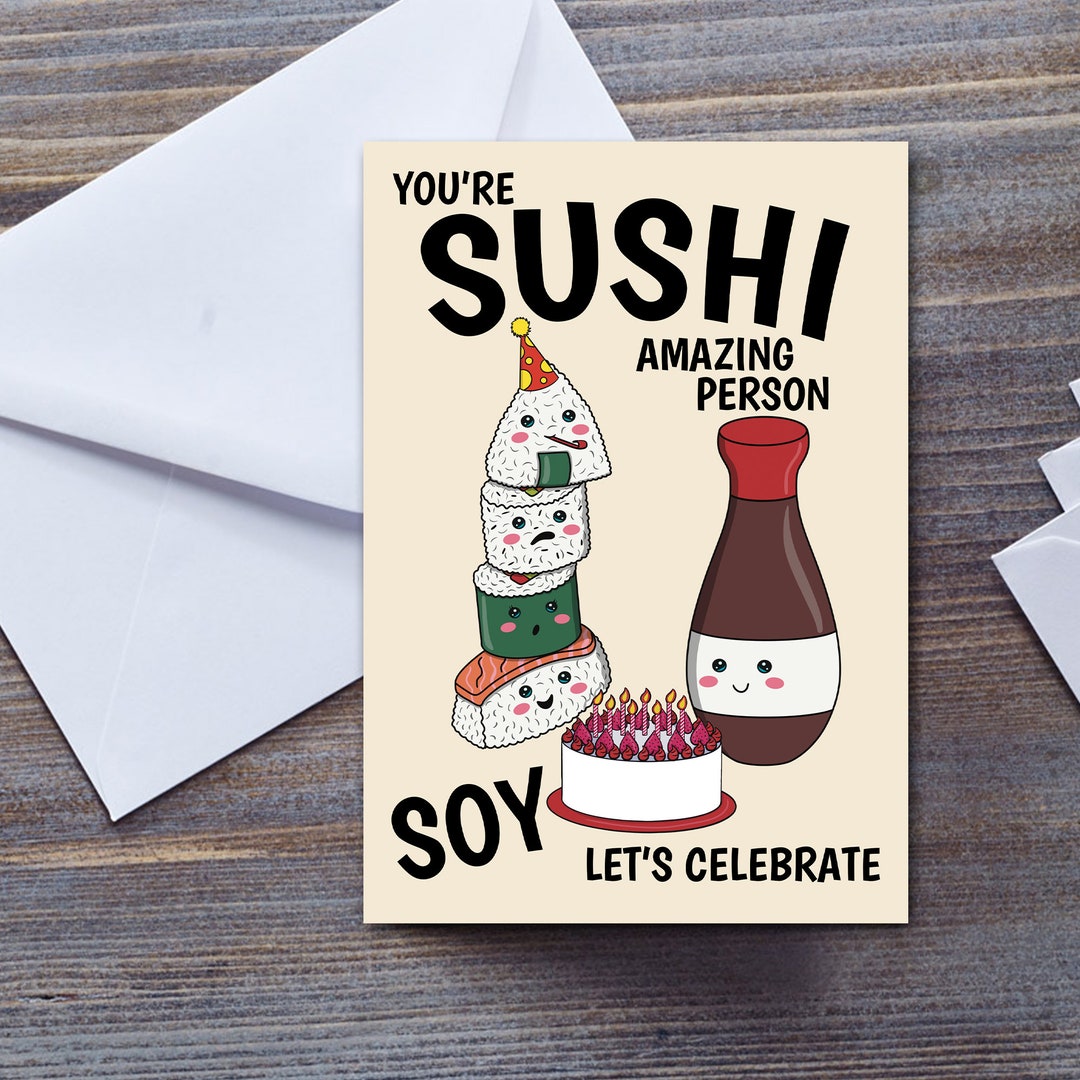 Sushi Roll Happy Birthday Card, Funny Birthday Card With Kawaii Asian ...