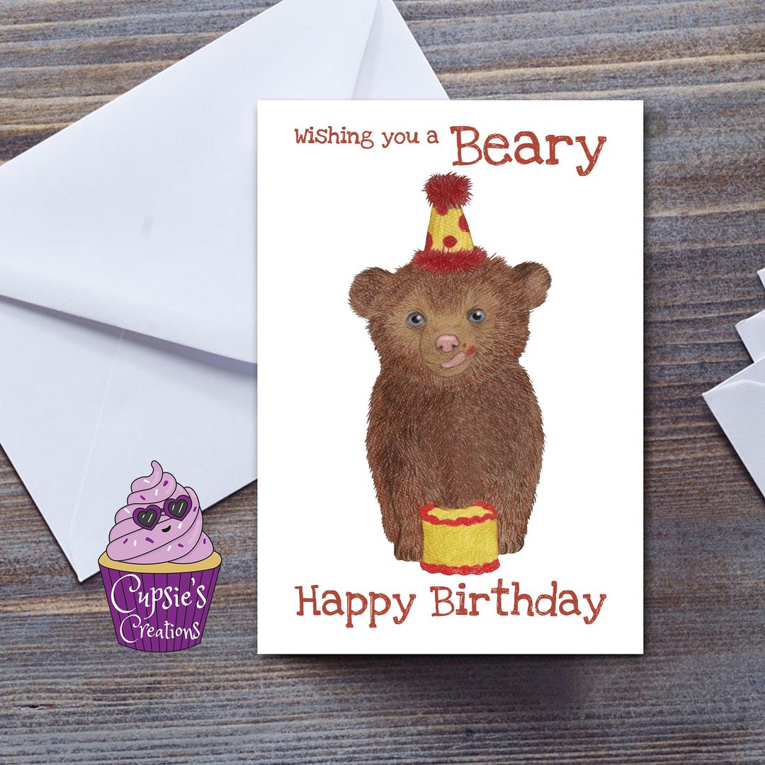 Bear Birthday Card - Beary Happy Birthday - Cute Brown Bear With Party ...