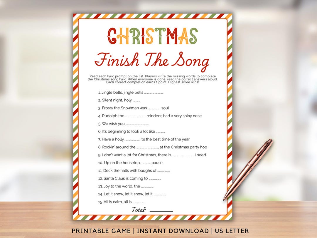 Christmas Finish the Song Printable Game, Finish the Lyrics, Fun ...