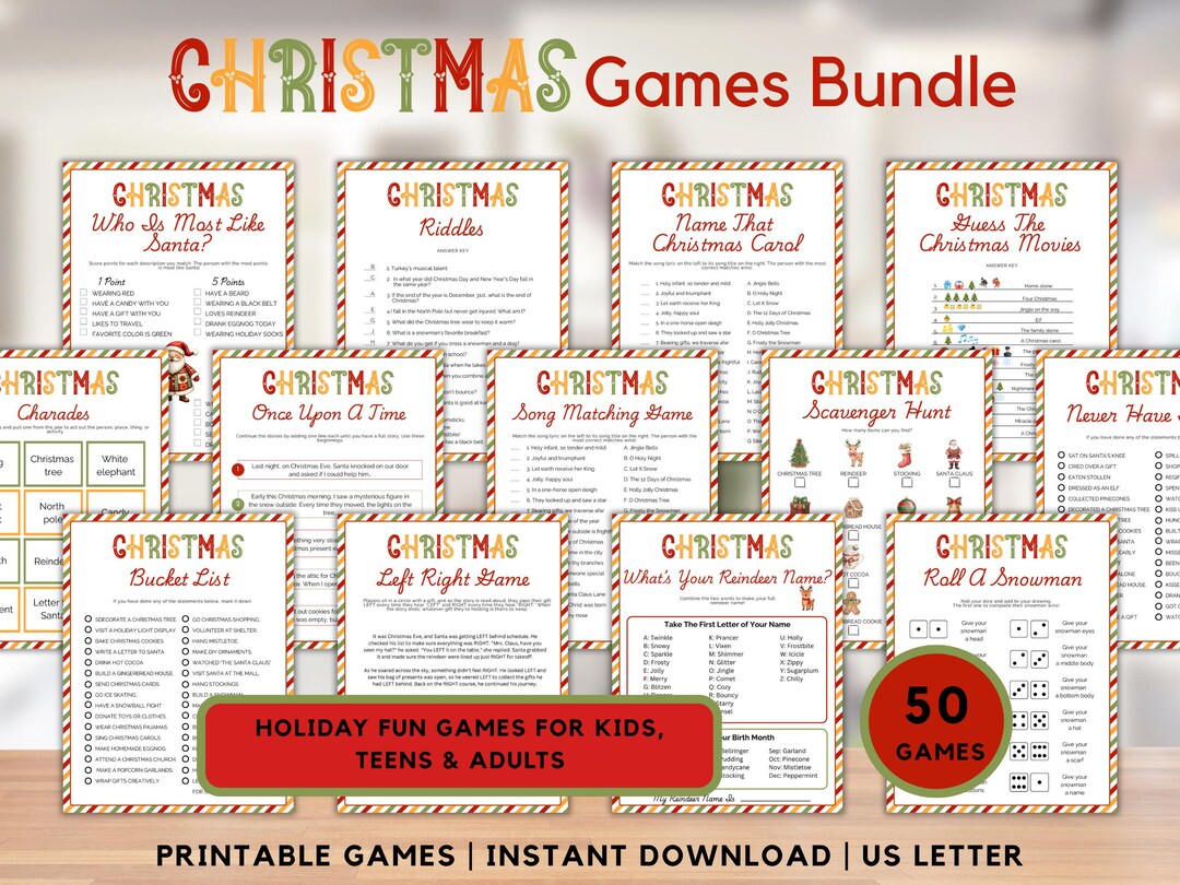 Christmas Games Bundle Printable, 50 Fun Holiday Party Games, Kids ...