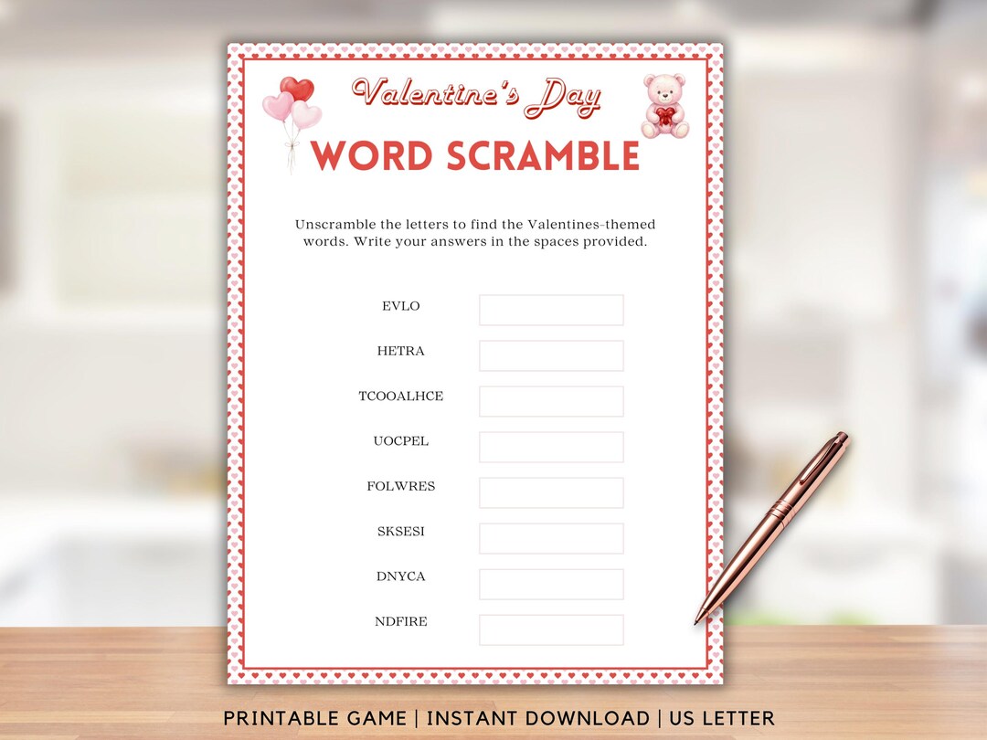 Valentine’s Day Word Scramble Printable, Fun Valentine Game for Kids ...